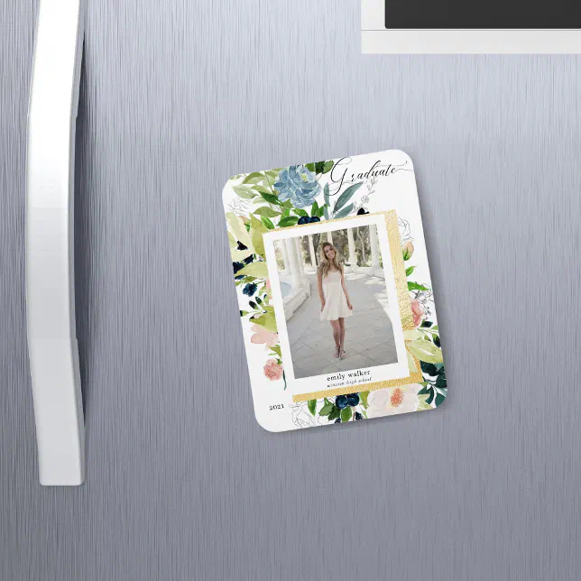 Midnight Blue And Blush Floral Photo Graduation Magnet | Zazzle