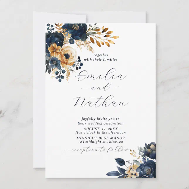 Midnight Blue and Gold Flowers Wedding Invitation | Zazzle