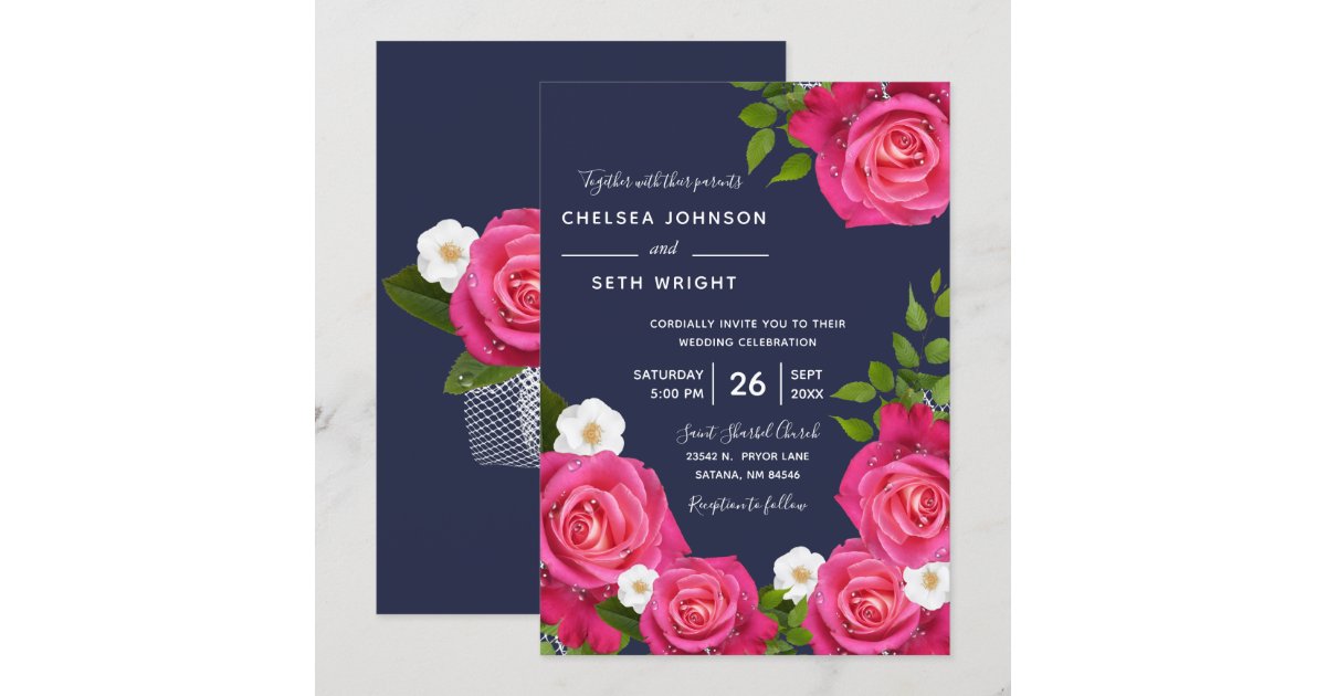 Midnight Blue and Pink Rose Wedding Invitation | Zazzle