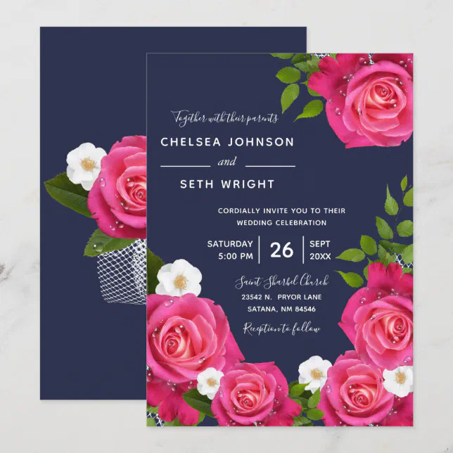 Midnight Blue and Pink Rose Wedding Invitation | Zazzle