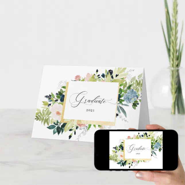 midnight blue blush floral Photo Folded Graduation Card | Zazzle