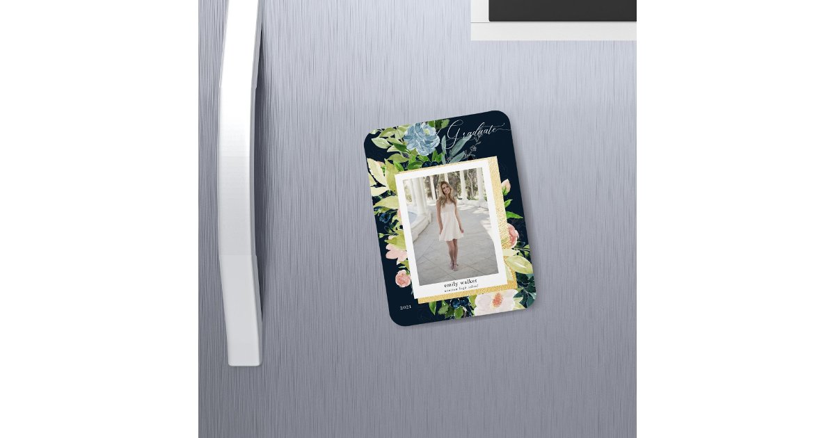 Midnight Blue Blush Floral Photo Graduation Magnet | Zazzle