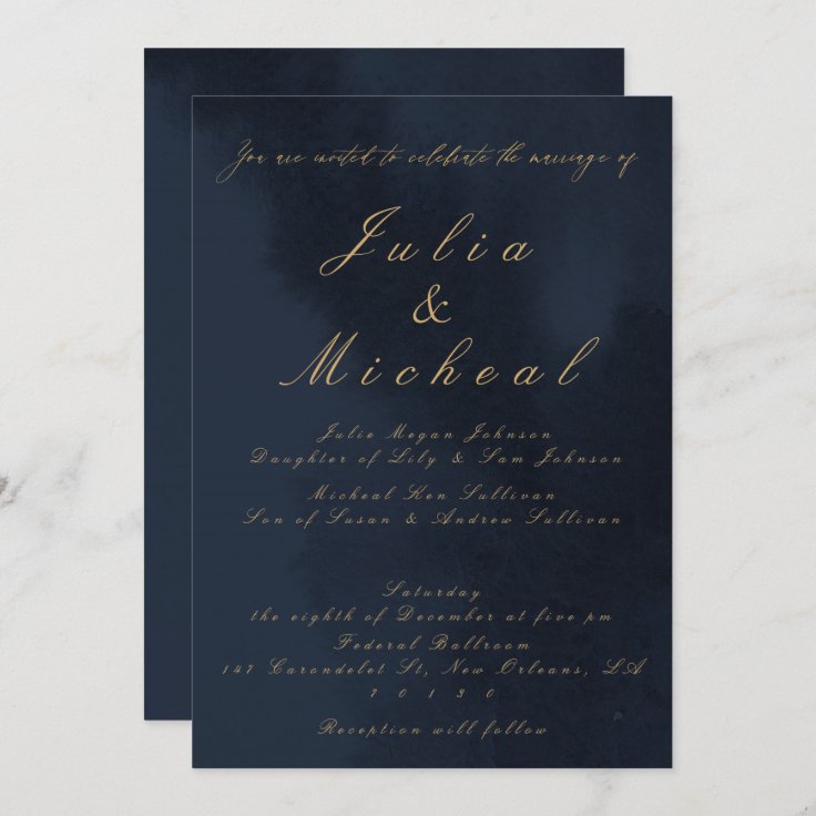 Midnight Blue Calligraphy Wedding Invitation | Zazzle