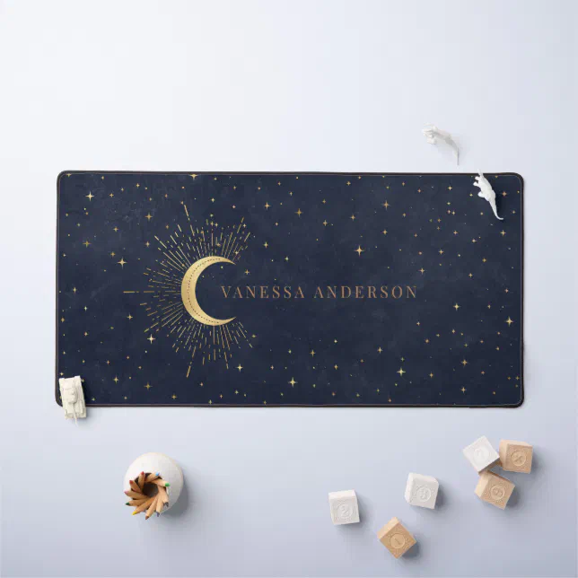 Midnight Blue Celestial Monogram Desk Mat | Zazzle