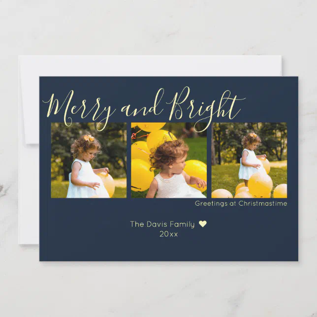 Midnight Blue Christmas Merry and Bright 3 Photo Holiday Card | Zazzle