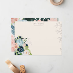 Midnight Blue Floral Blush Stationery Note Card | Zazzle