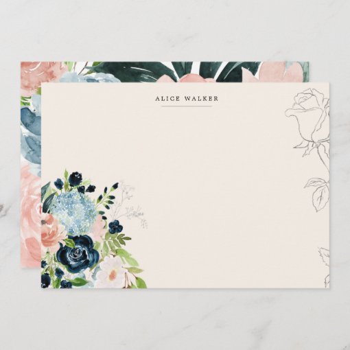 Midnight Blue Floral Blush Stationery Note Card | Zazzle