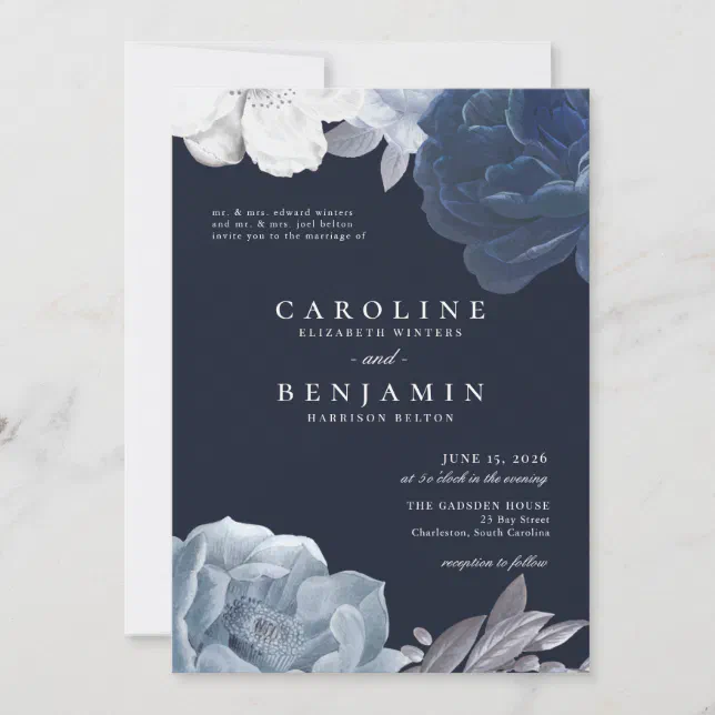 Midnight Blue Floral Silver Leaf Romantic Wedding Invitation | Zazzle