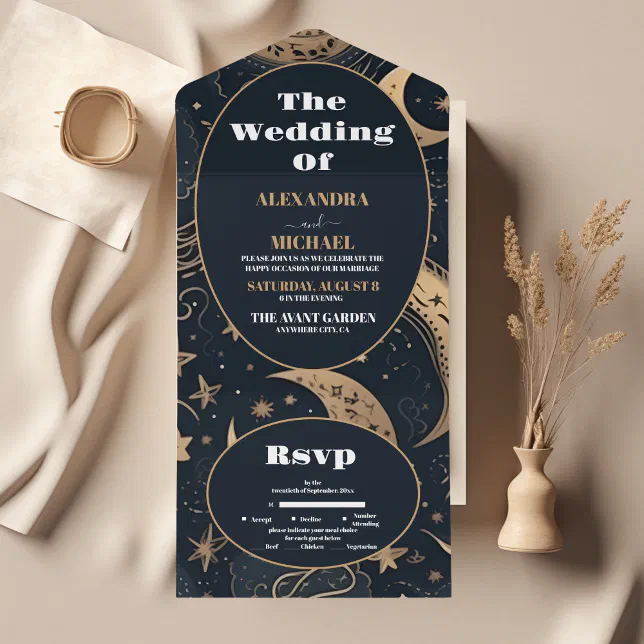 Midnight Blue Gold Celestial Wedding All In One Invitation | Zazzle