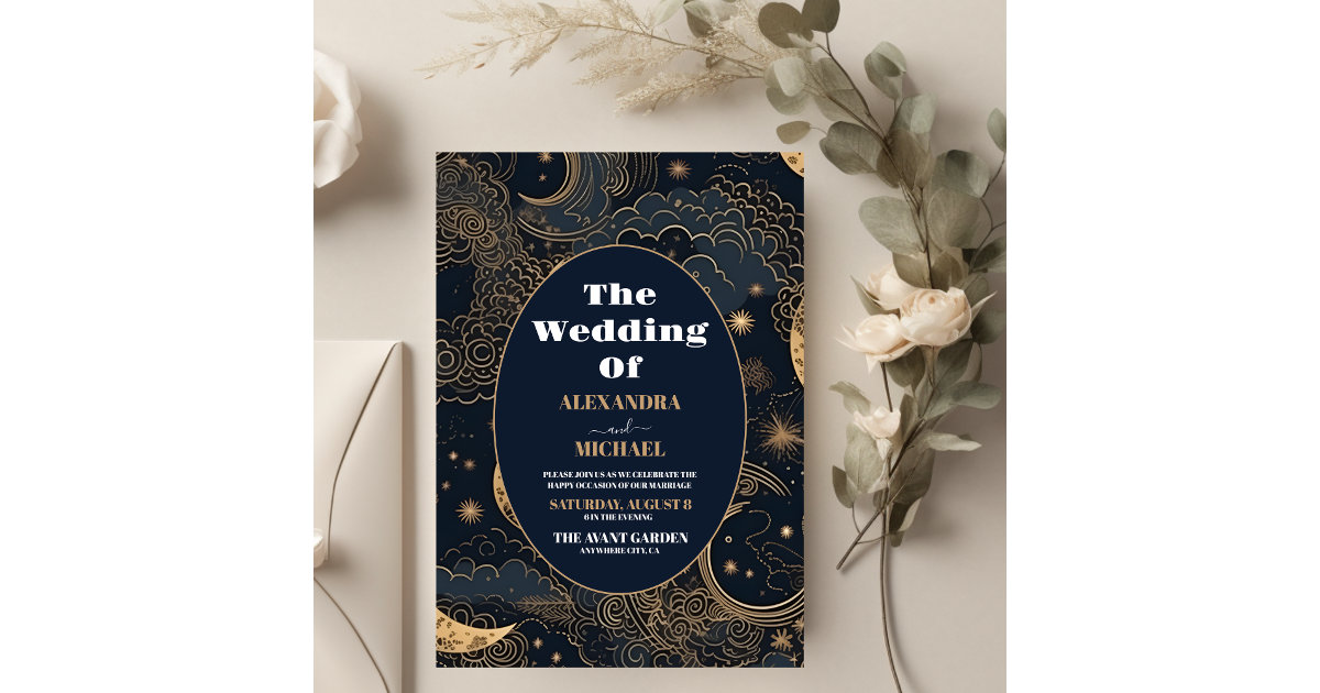 Midnight Blue Gold Celestial Wedding Invitation | Zazzle