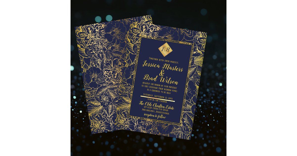 Midnight Blue | Gold Vintage Floral Wedding Invitation | Zazzle