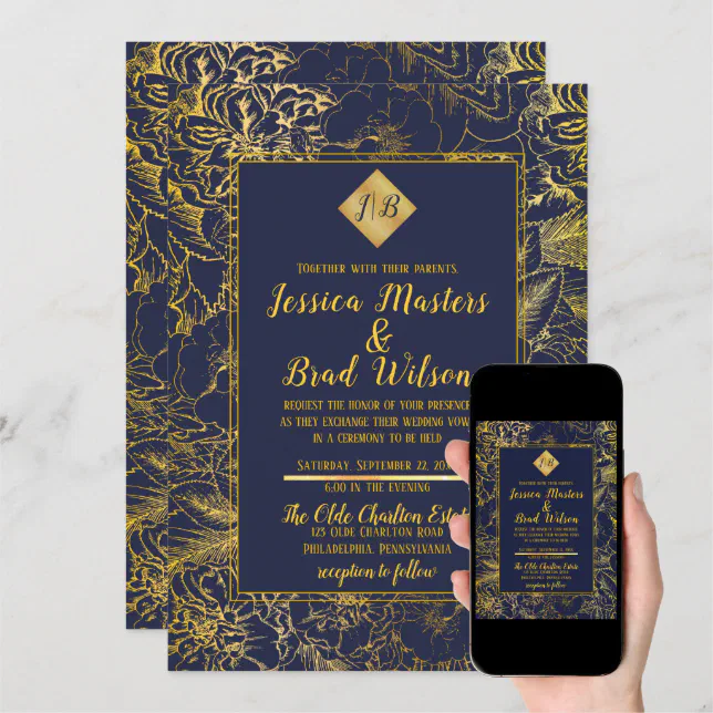 Midnight Blue | Gold Vintage Floral Wedding Invitation | Zazzle