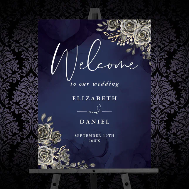 Midnight Blue Gothic Floral Wedding Welcome Sign | Zazzle