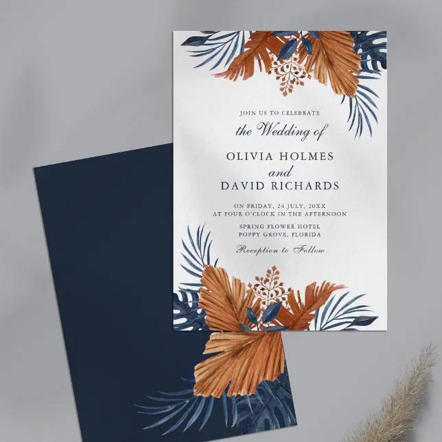 Midnight Blue Monstera Wedding Invitation | Zazzle