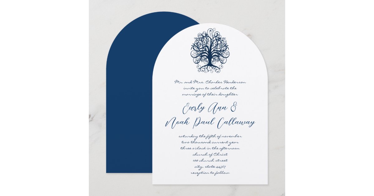 Midnight Blue Opulence Swirl Tree Wedding Invitation | Zazzle