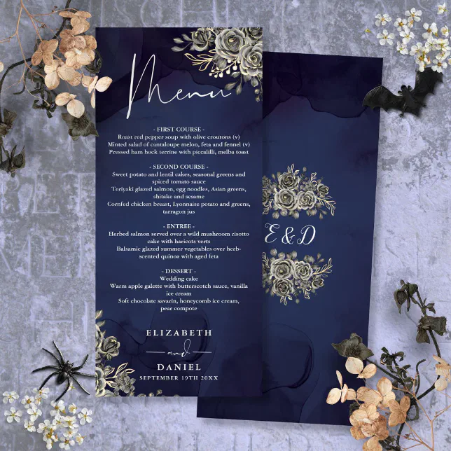 Midnight Blue Roses Floral Gothic Wedding Dinner Menu | Zazzle
