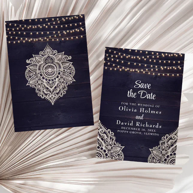 Midnight Blue Rustic String Light Save the Date Invitation | Zazzle
