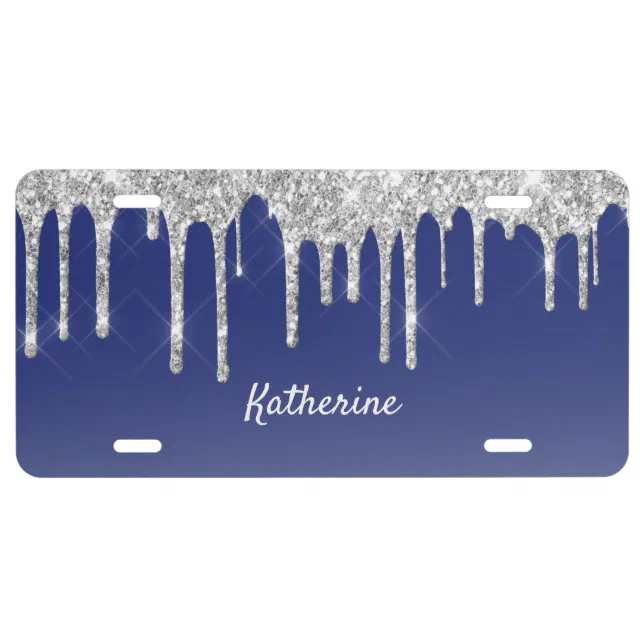 Midnight Blue Silver Glitter Drip Graphic License Plate | Zazzle