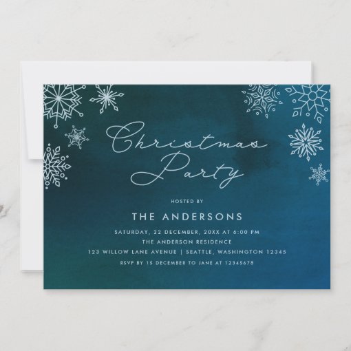 Midnight Blue Watercolor Snowflake Christmas Party Invitation | Zazzle