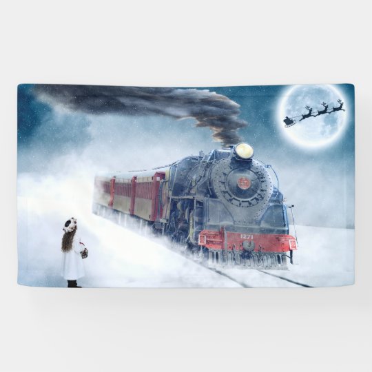 Midnight Christmas Train with Girl and Santa Banner | Zazzle.com