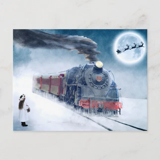Midnight Christmas Train with Girl and Santa Holiday Postcard | Zazzle