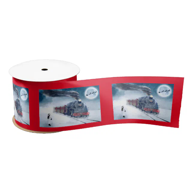 Midnight Christmas Train with Girl and Santa Satin Ribbon | Zazzle