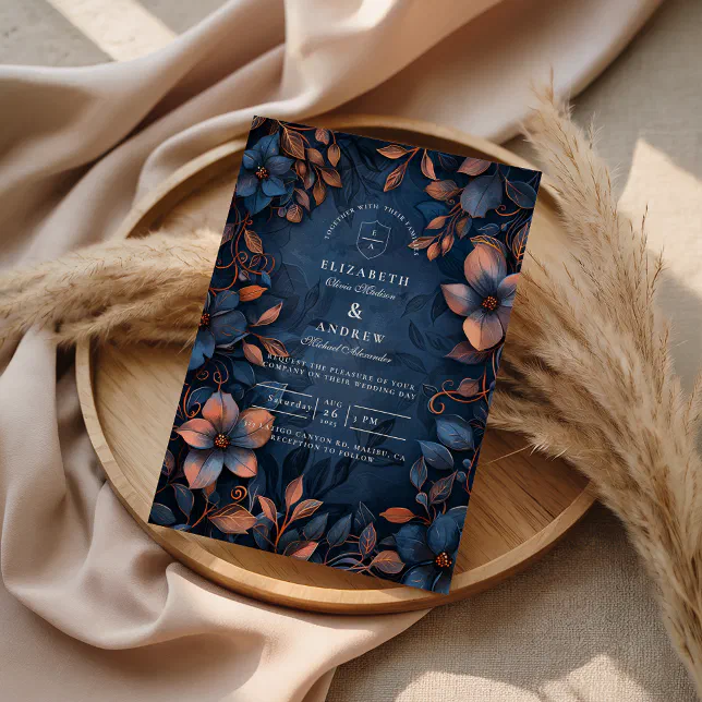 Midnight Copper Floral Wedding Invitation | Zazzle
