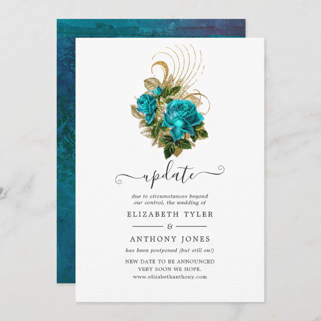 Midnight Forest Turquoise and Gold Wedding Update Invitation | Zazzle