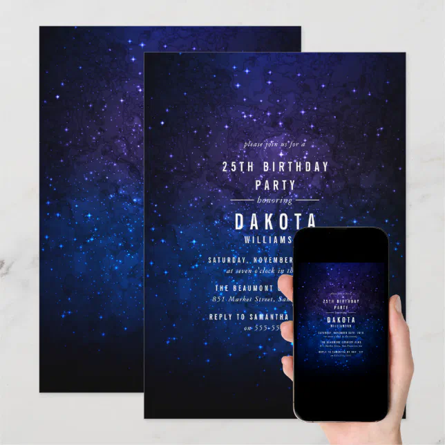 Midnight Sky & Shining Stars Galaxy Birthday Party Invitation | Zazzle