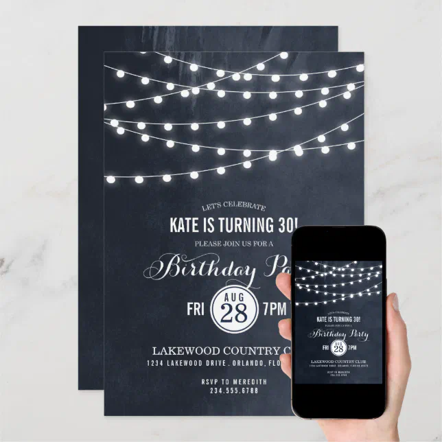 Midnight String Lights Birthday Party Invitation | Zazzle