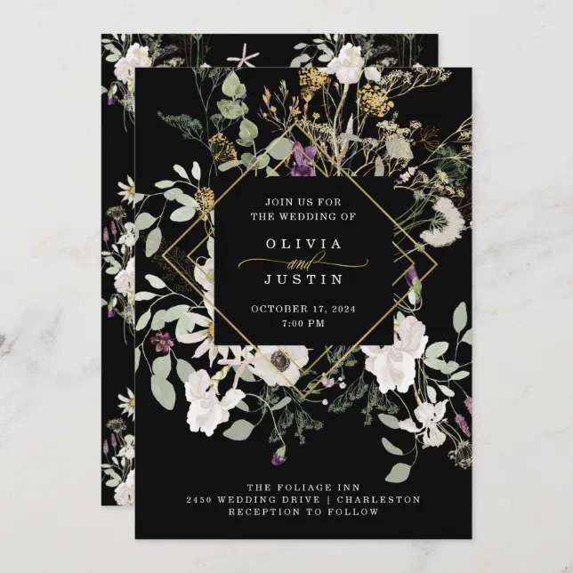 Midnight Wildflowers | Black Geometric Wedding Invitation | Zazzle