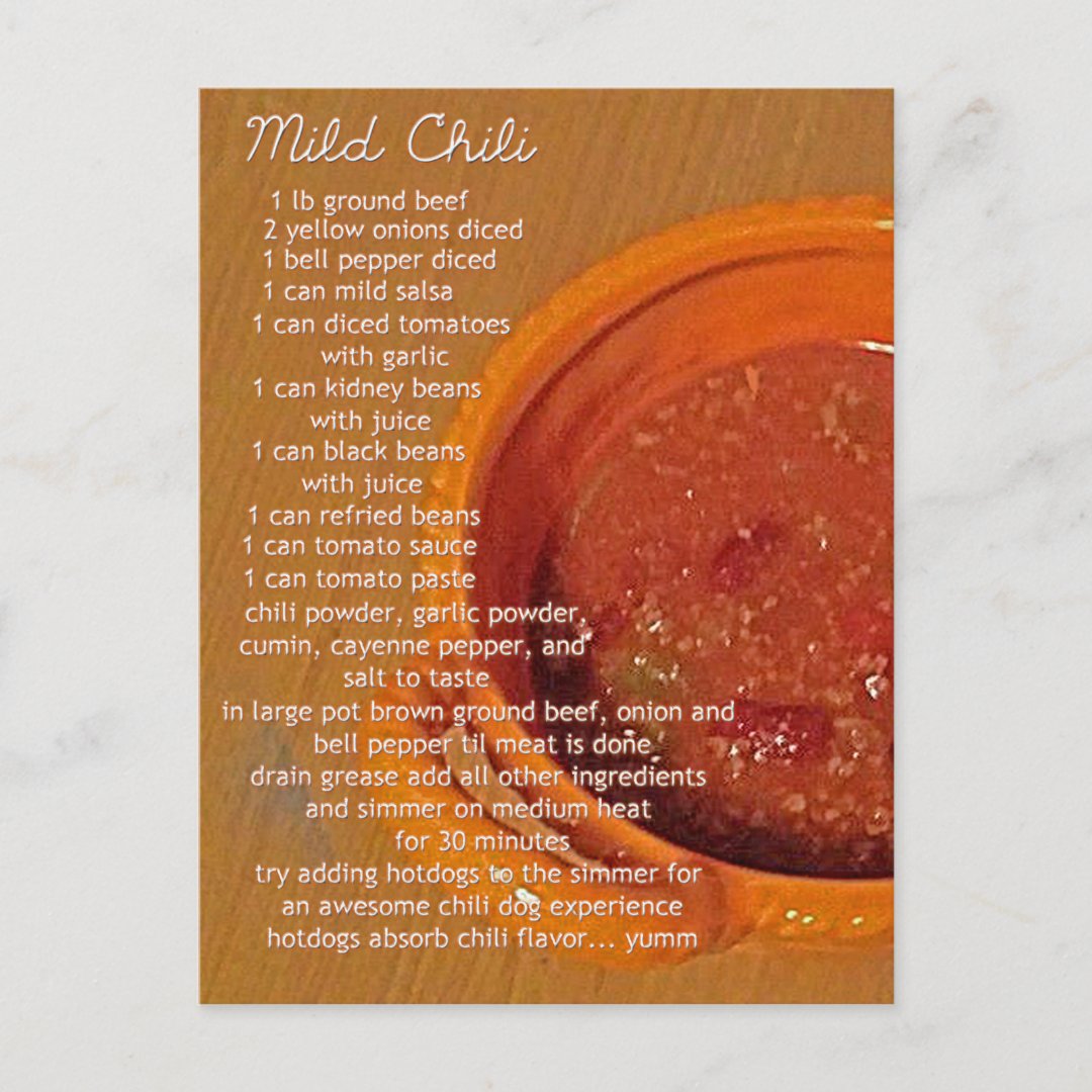 mild chili recipe card | Zazzle