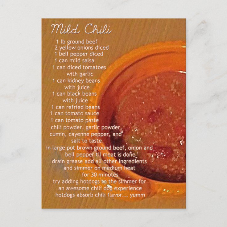 mild chili recipe card | Zazzle
