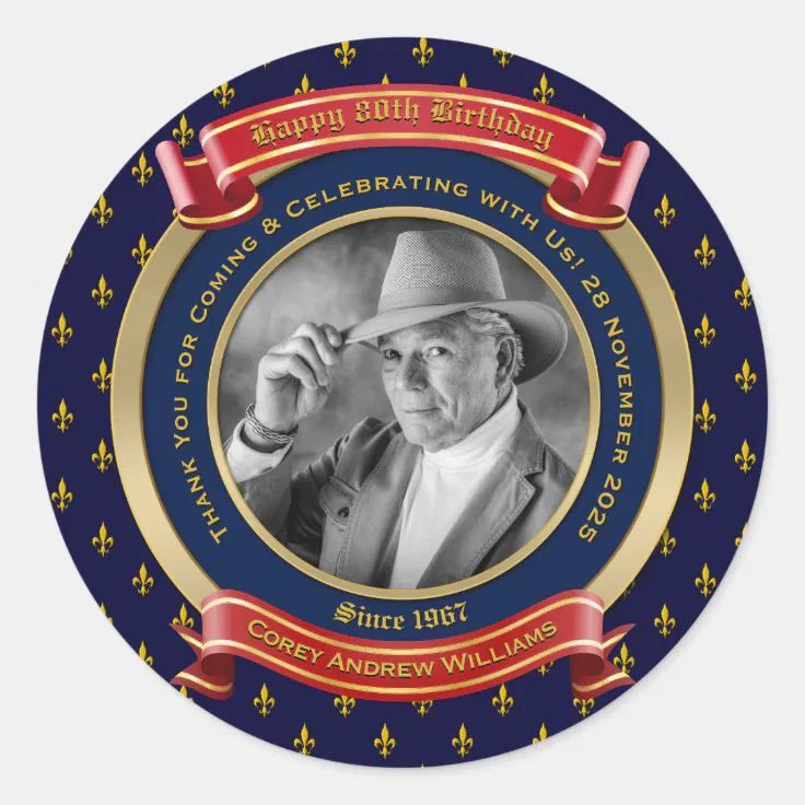 Milestone Birthday Gold Photo 80th Eighty Blue Red Classic Round ...