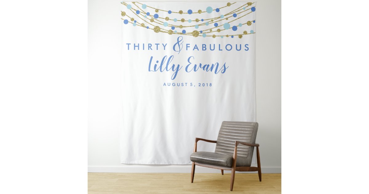 milestone birthday party banner blue and gold tapestry | Zazzle