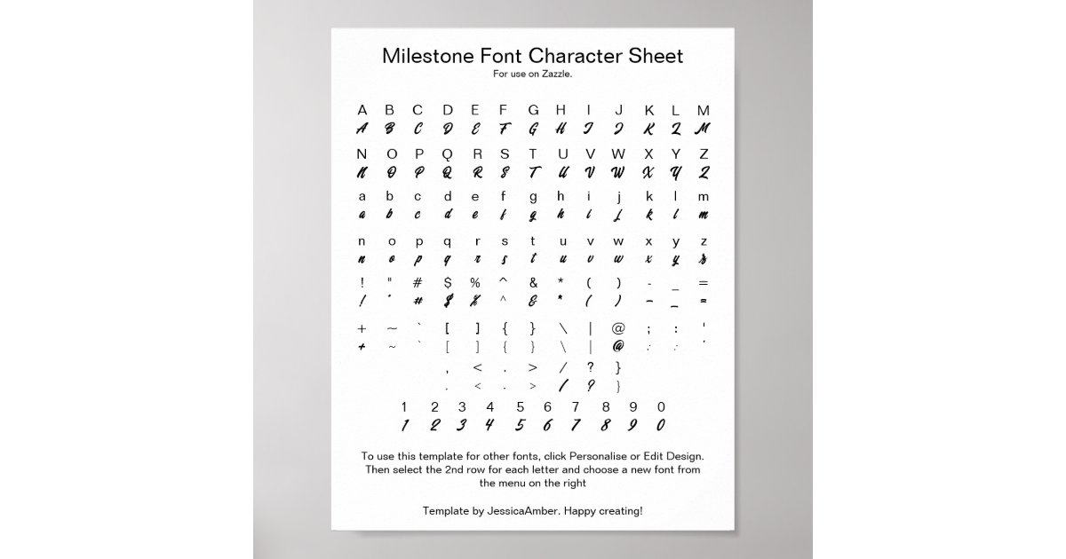 Milestone Font Character Sheet for Zazzle Poster | Zazzle