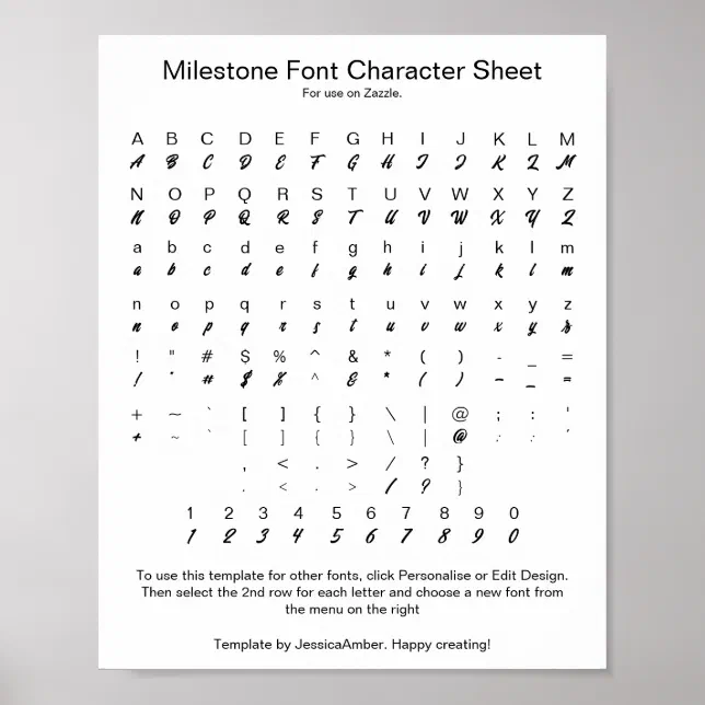 Milestone Font Character Sheet for Zazzle Poster | Zazzle