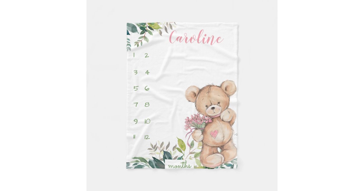 Milestone growth tracker watercolor teddy bear fleece blanket | Zazzle