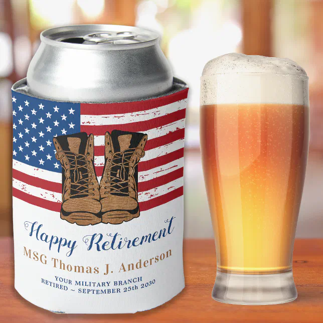 Military Army American Flag Boots Retirement Party Can Cooler | Zazzle