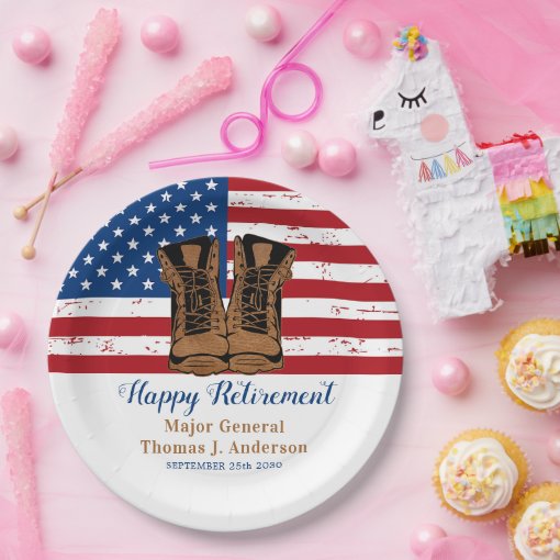 Military Army American Flag Boots Retirement Party Paper Plates | Zazzle