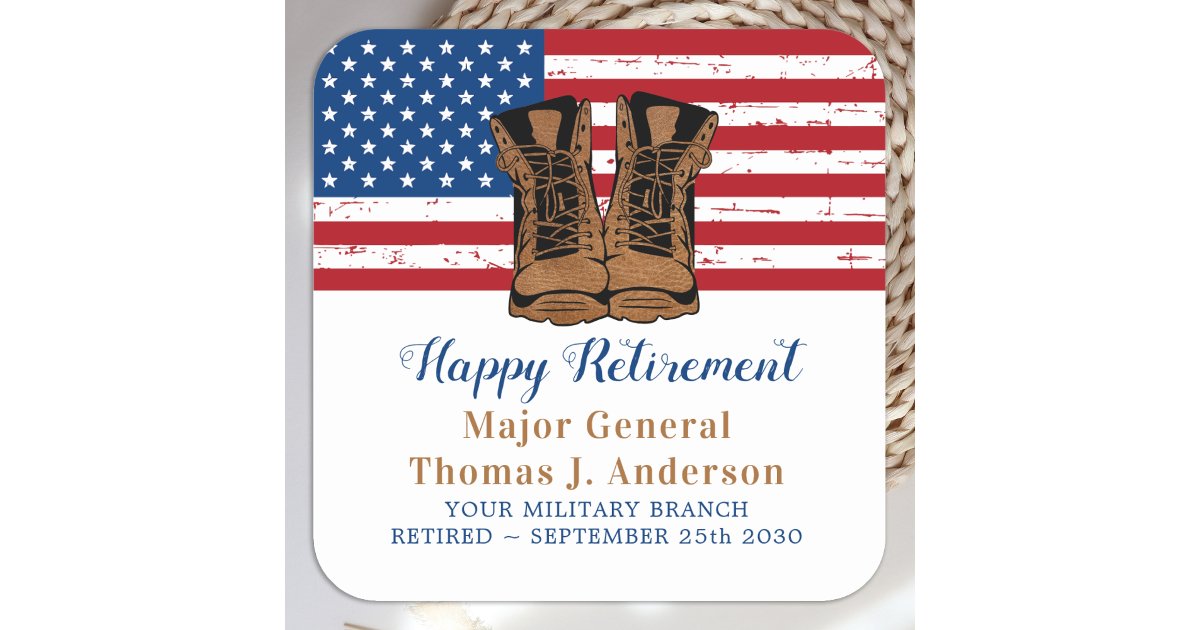 Military Army American Flag Boots Retirement Party Square Sticker | Zazzle