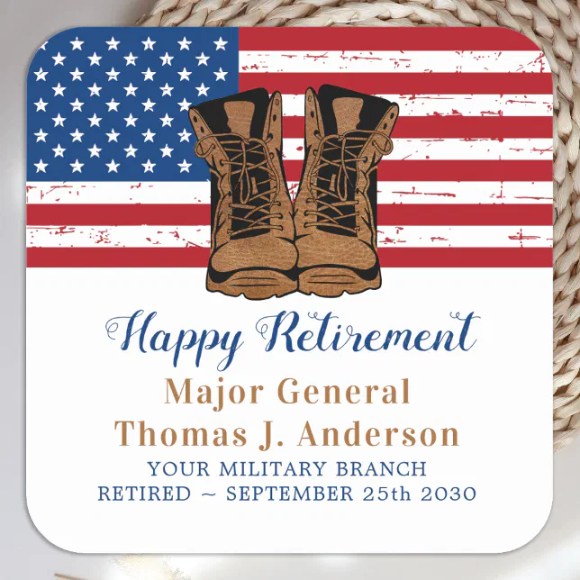 Military Army American Flag Boots Retirement Party Square Sticker | Zazzle