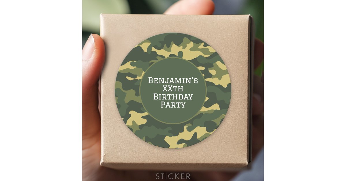 Military camouflage Birthday Party Theme Custom Classic Round Sticker ...