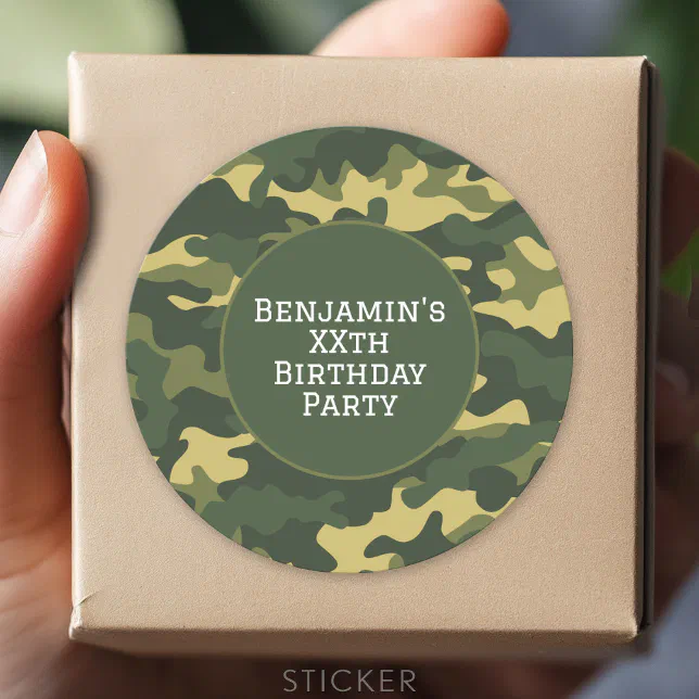 Military camouflage Birthday Party Theme Custom Classic Round Sticker ...