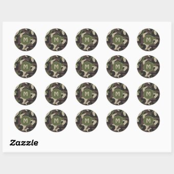 Military Camouflage Green Brown Pattern Monogram Classic Round Sticker ...