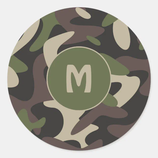 Military Camouflage Green Brown Pattern Monogram Classic Round Sticker ...