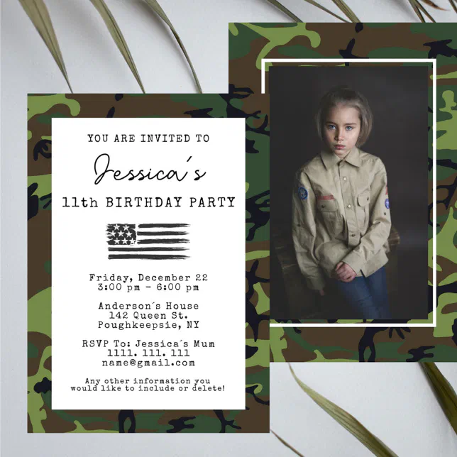 Military Camouflage USA Flag Photo Birthday Invitation | Zazzle