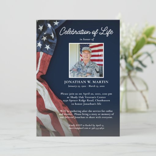 Military Celebration of Life Photos USA Flag Invitation | Zazzle