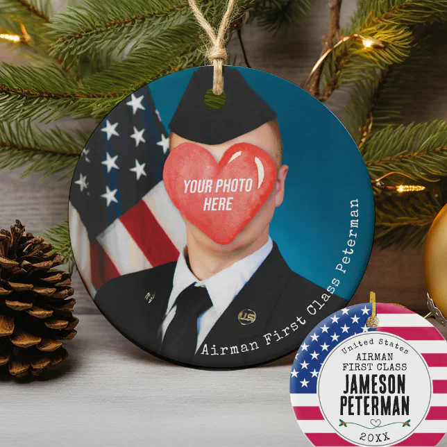 Military Christmas Gift Airman Photo Soldier Name Ceramic Ornament | Zazzle