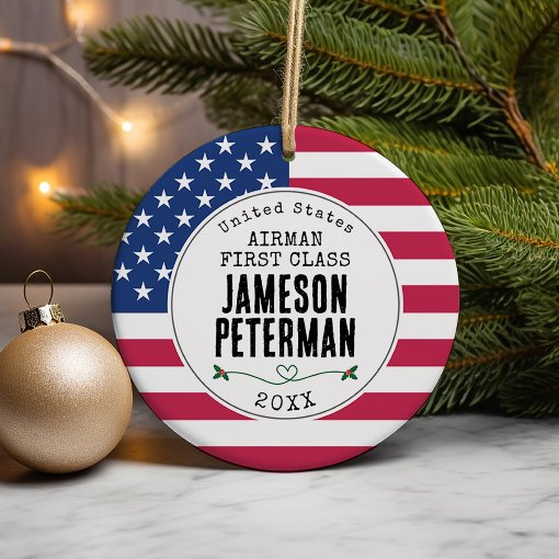 Military Christmas Gift Airman Photo Soldier Name Ceramic Ornament | Zazzle